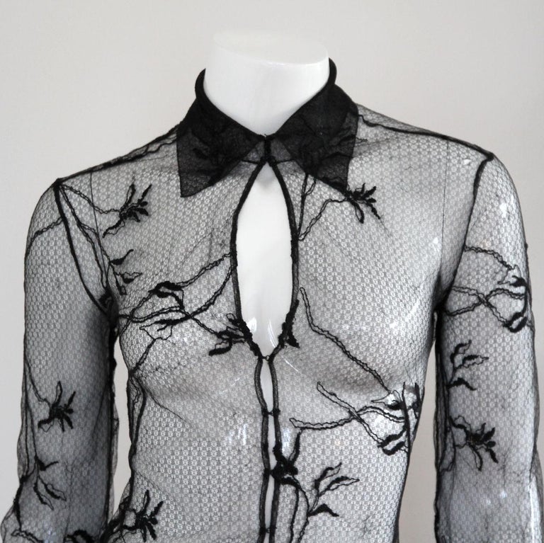 GIANNI VERSACE 1996 Black Transparent Lace Blouse For Sale at 1stDibs