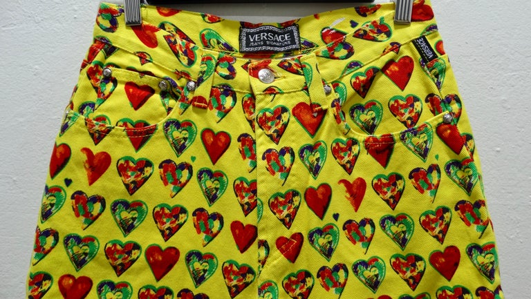 Gianni Versace 1997 Yellow Heart Print Jeans For Sale at 1stDibs