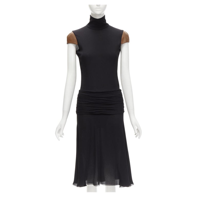 GIANNI VERSACE 2001 Runway black silk leather cap sleeve ruched dress ...