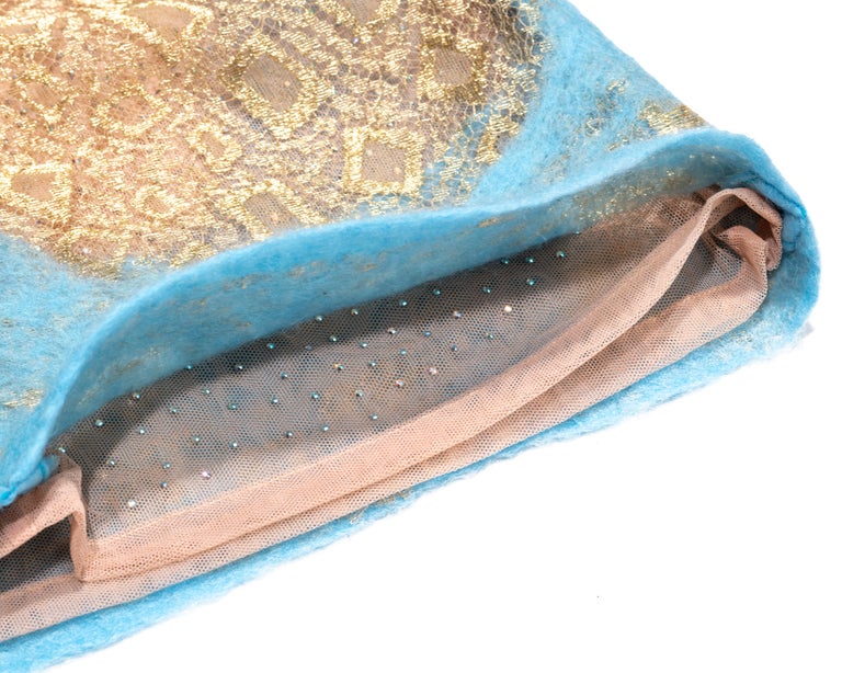 Gianni Versace aqua blue felted wool and gold lace top and skirt set ...