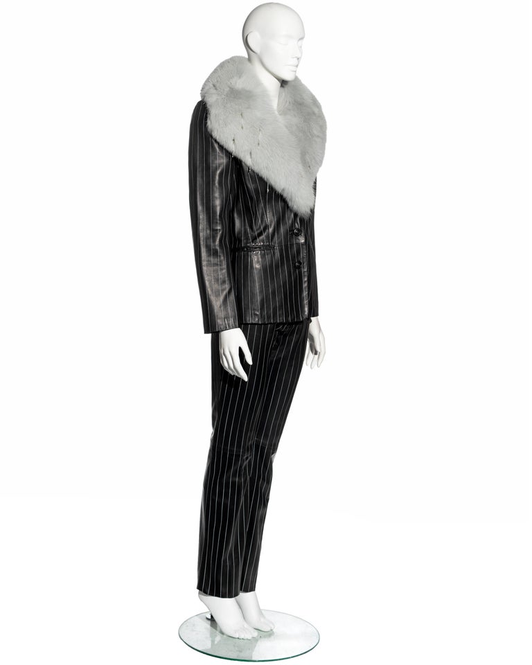 Gianni Versace black pinstripe leather and fox fur trouser suit, fw ...