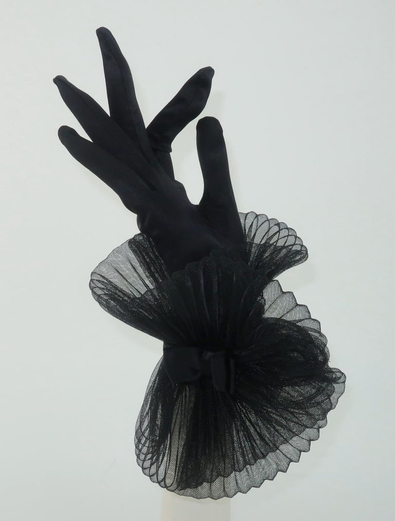 Gianni Versace Black Satin Ruffled Evening Gloves at 1stDibs