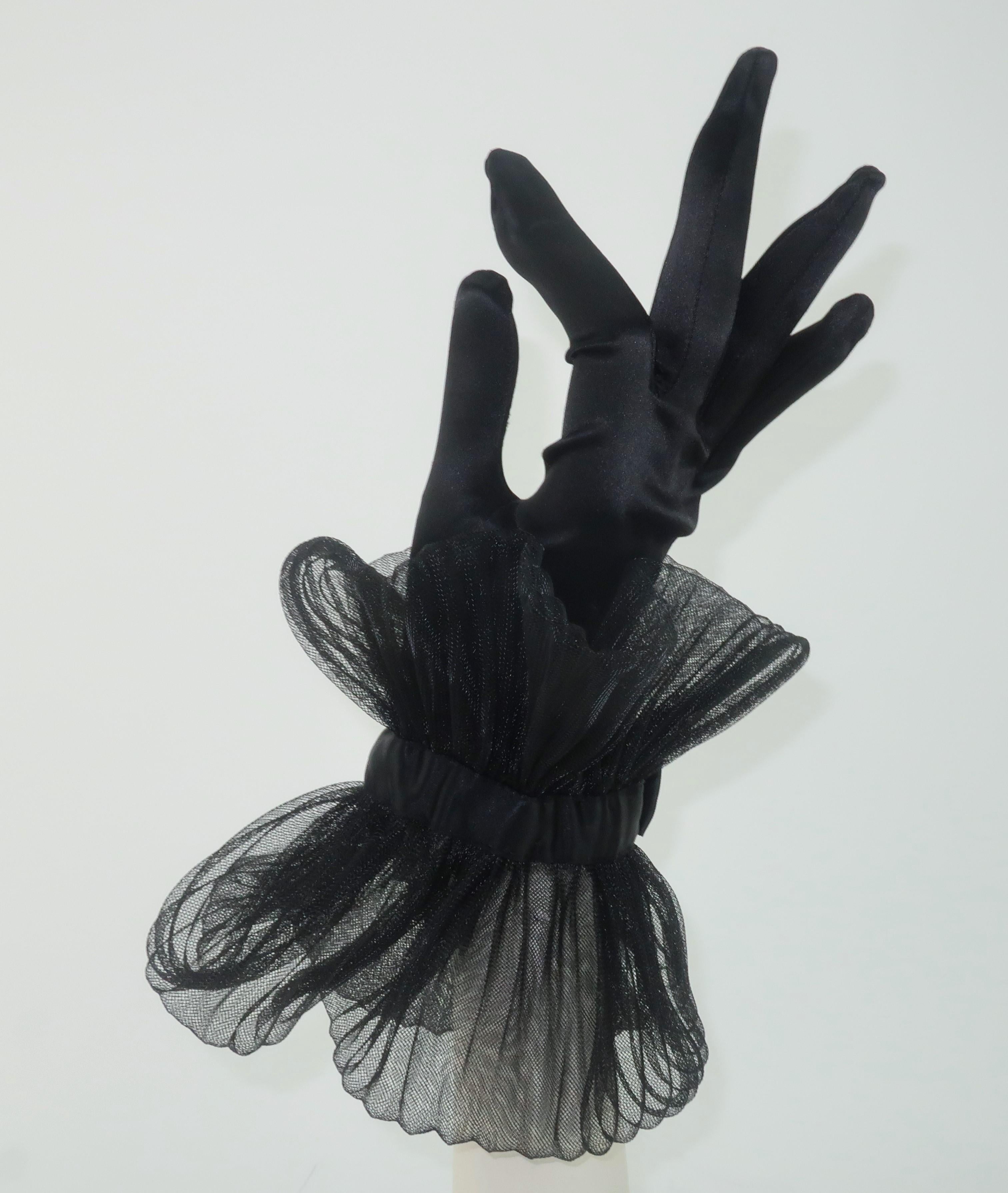 Gianni Versace Black Satin Ruffled Evening Gloves at 1stDibs