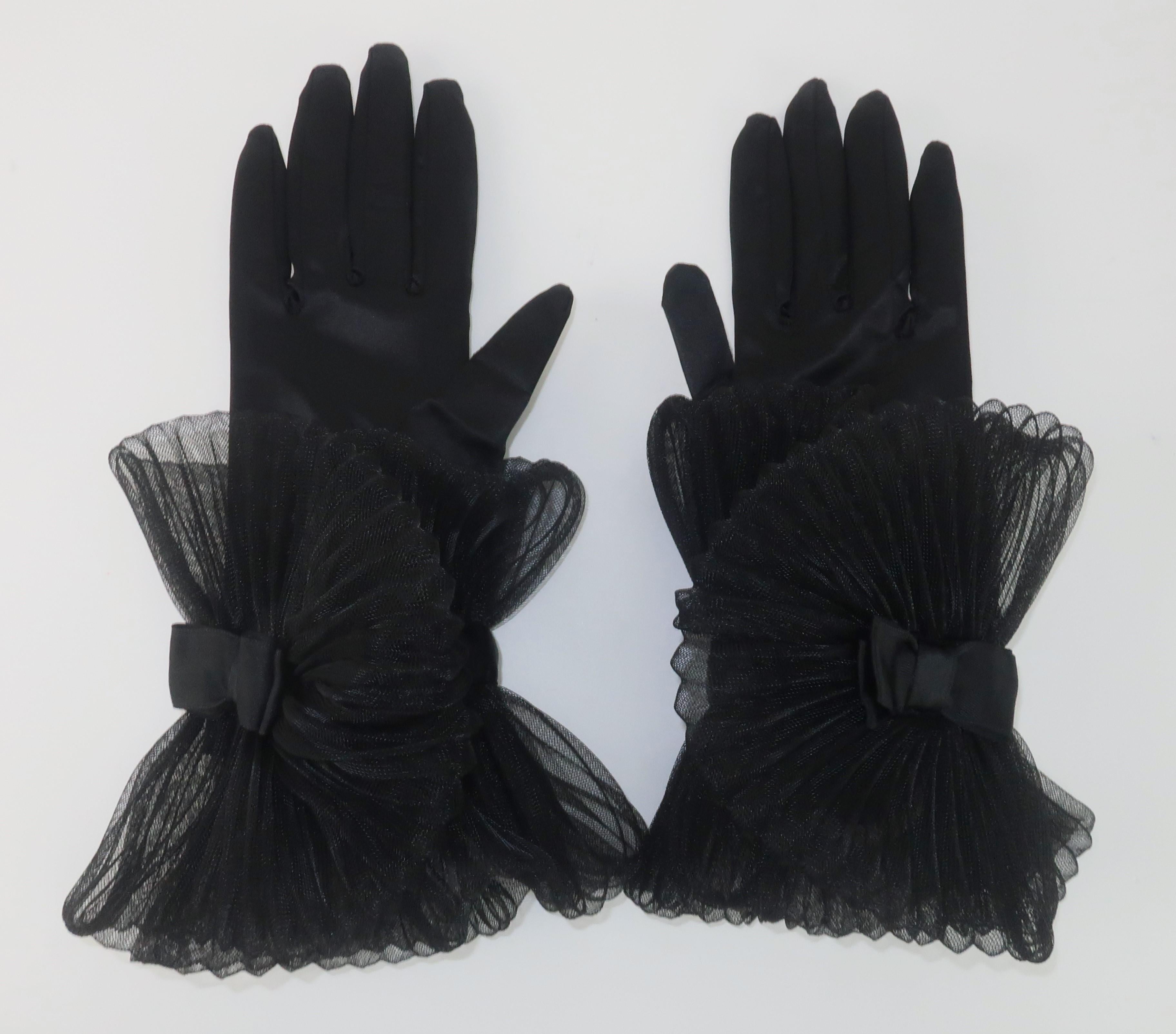 Gianni Versace Black Satin Ruffled Evening Gloves at 1stDibs