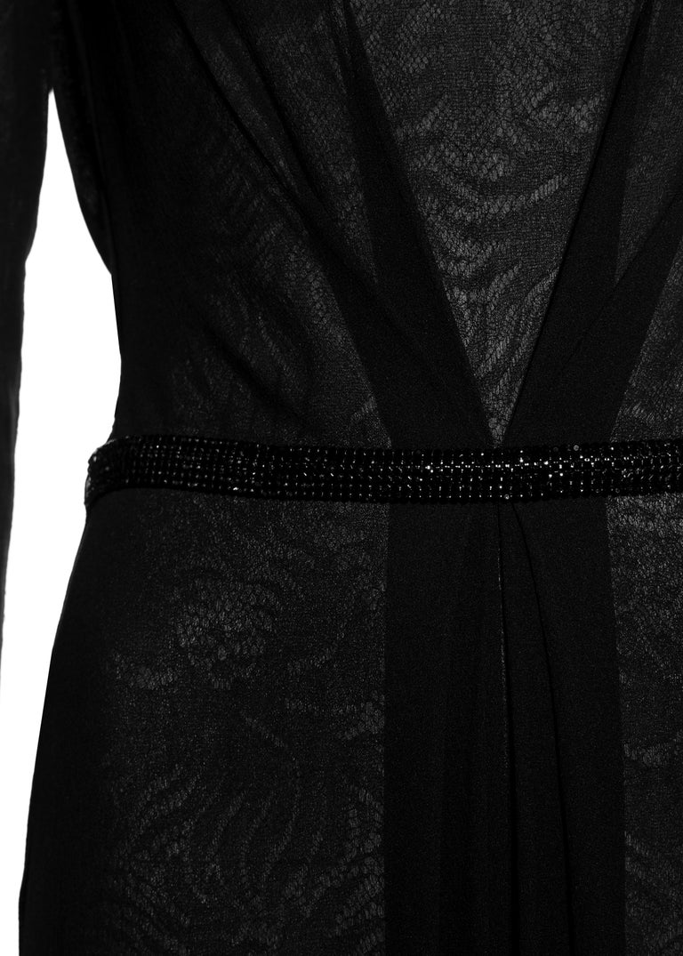 Gianni Versace black silk evening wrap dress with lace underlay, fw ...