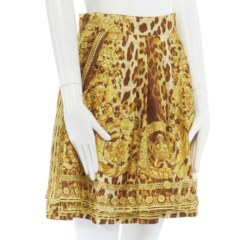 GIANNI VERSACE brown leopard gold baroque rococo print flared mini ...