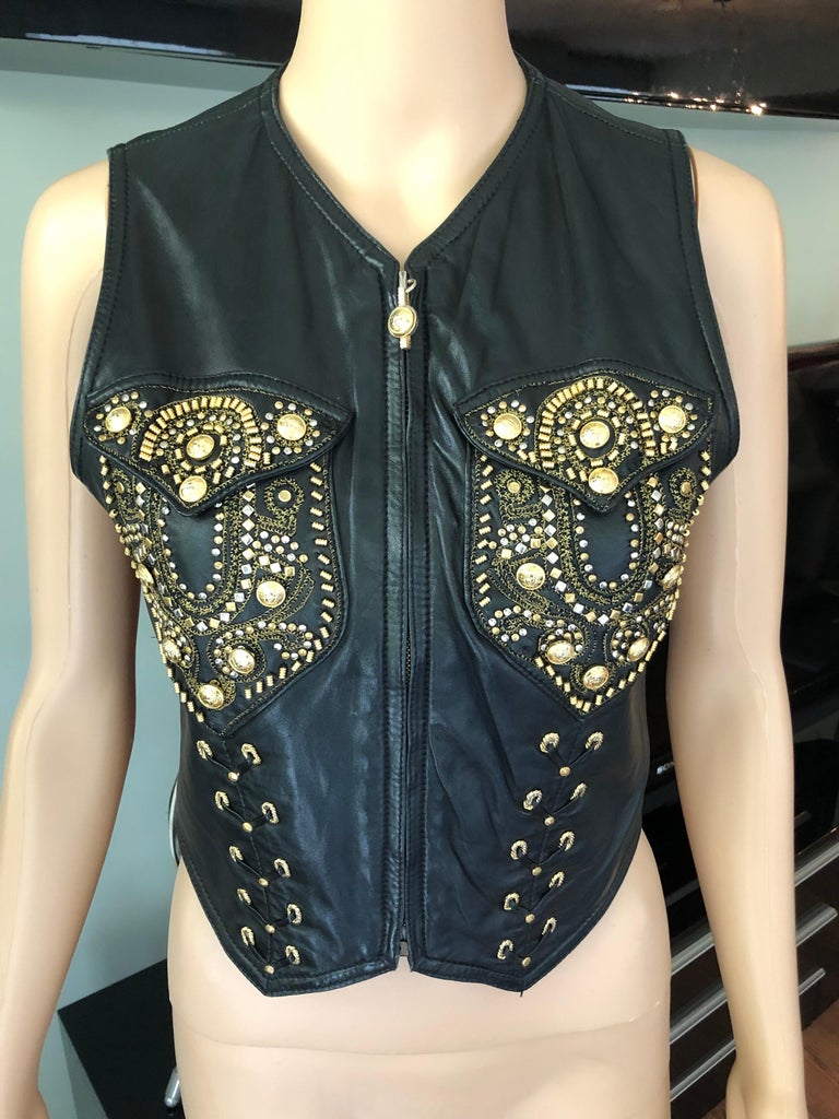 Gianni Versace F/W 1992 Vintage Embellished Black Leather Vest Top at ...