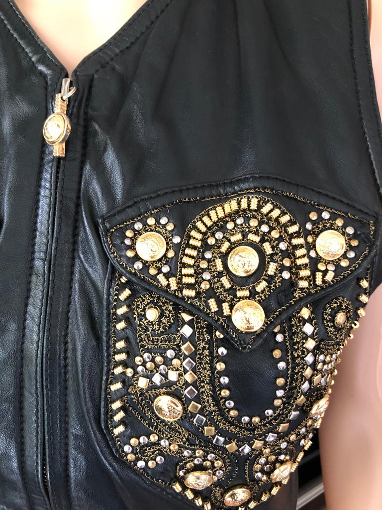Gianni Versace F/W 1992 Vintage Embellished Black Leather Vest Top at ...
