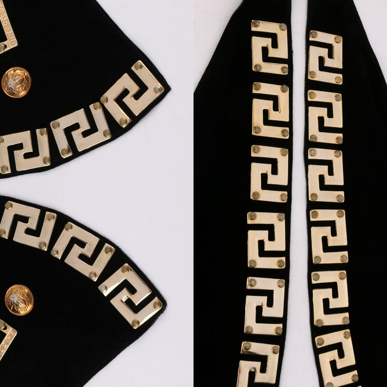GIANNI VERSACE c.1990s Black Gold Suede Medusa Meandros Backless Vest ...