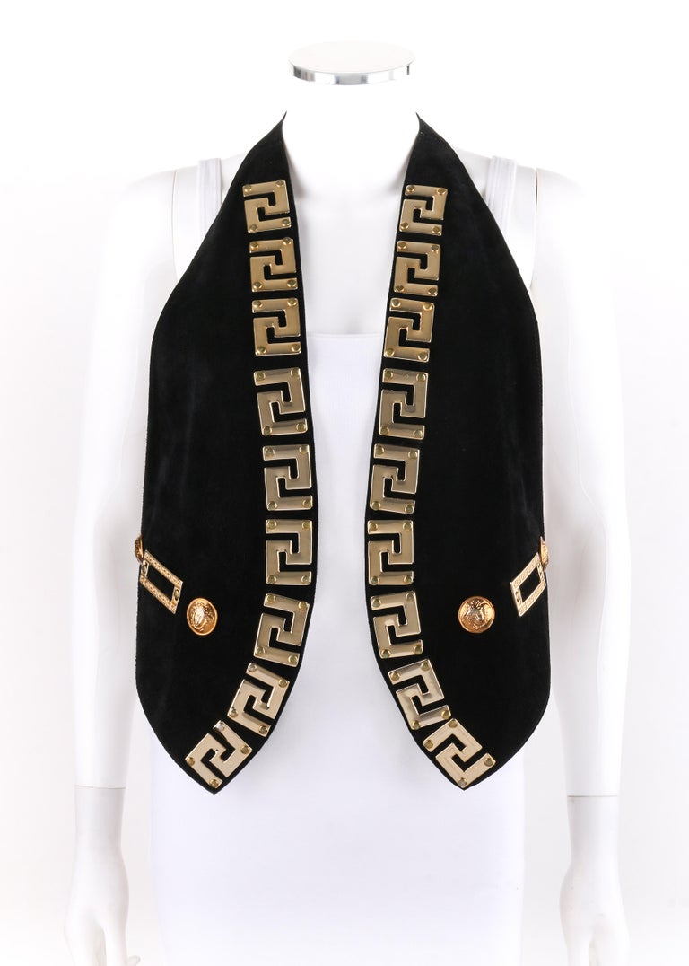 GIANNI VERSACE c.1990s Black Gold Suede Medusa Meandros Backless Vest ...