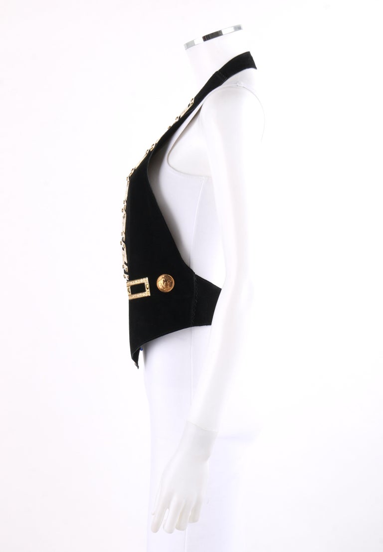 GIANNI VERSACE c.1990s Black Gold Suede Medusa Meandros Backless Vest ...