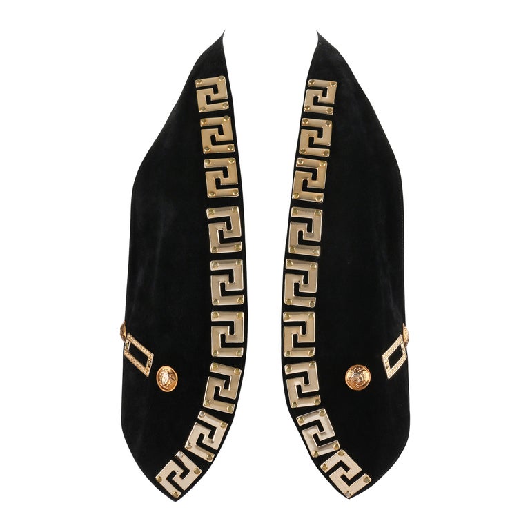 GIANNI VERSACE c.1990s Black Gold Suede Medusa Meandros Backless Vest ...