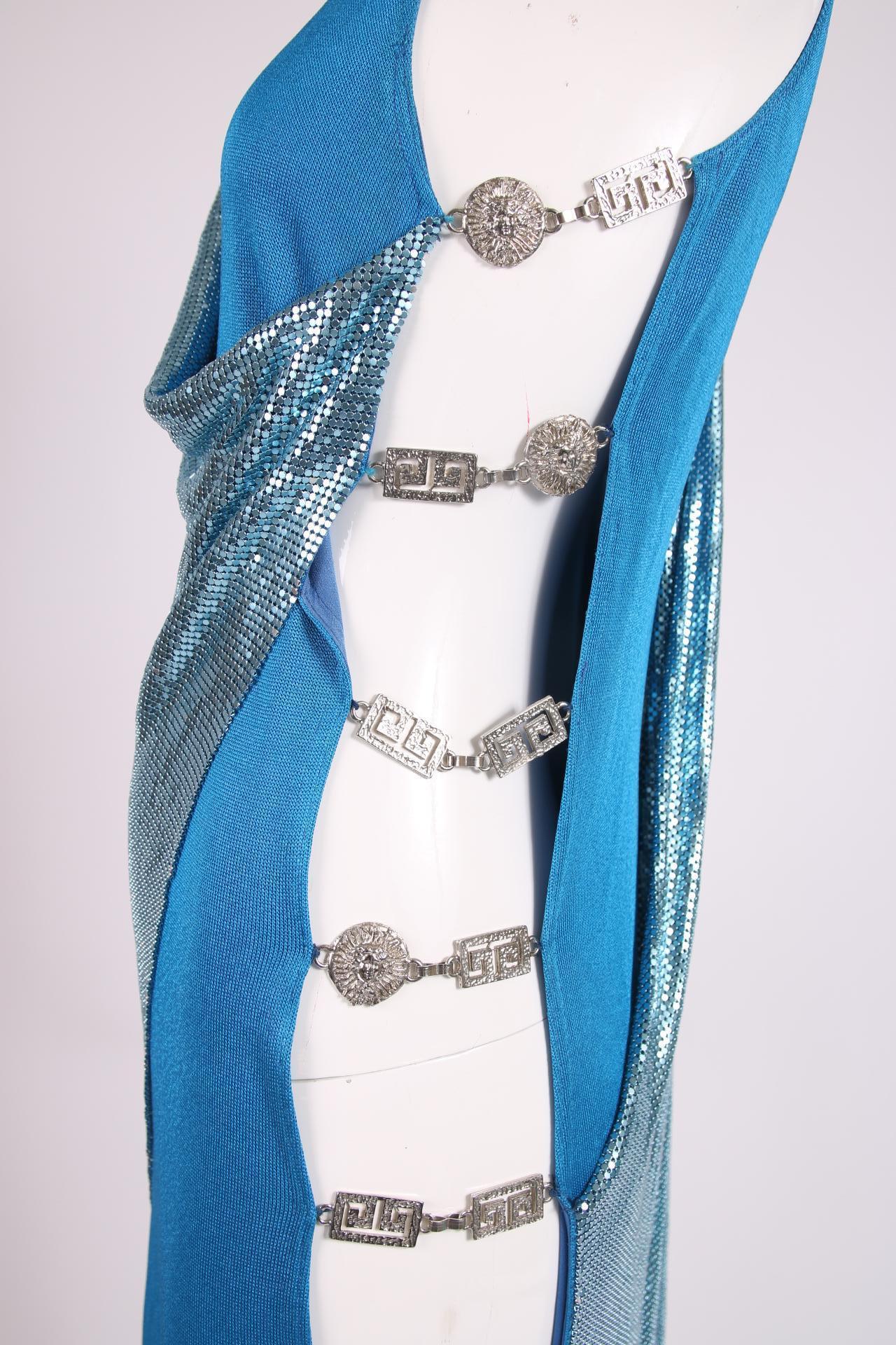 Gianni Versace Couture Blue Oroton Chainmail and Silk Gown w/Side ...