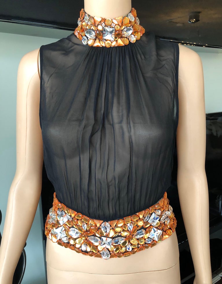 Gianni Versace Couture S/S 2000 Runway Embellished Sheer Black Top IT ...