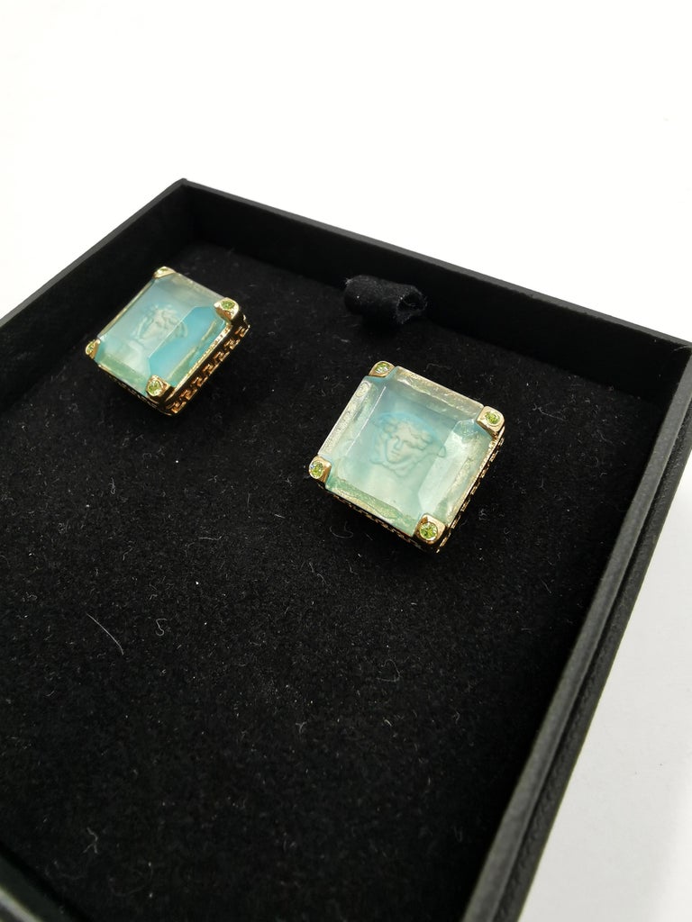 1990's Gianni Versace Glass Medusa Greca Square Cufflinks at 1stDibs