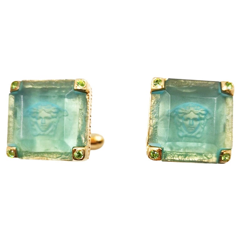 1990's Gianni Versace Glass Medusa Greca Square Cufflinks at 1stDibs
