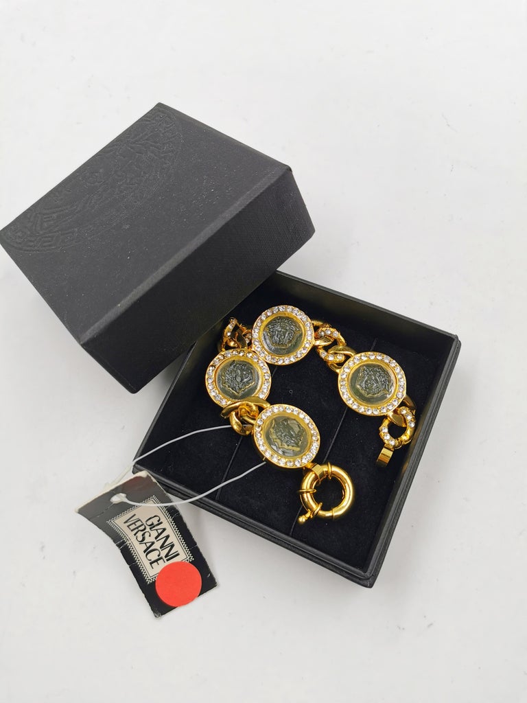 1990's Gianni Versace Glaze Gripoix Medusa Gold Chain Medallion Coin ...