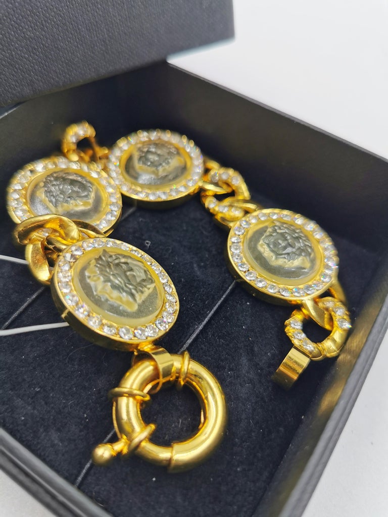 1990's Gianni Versace Glaze Gripoix Medusa Gold Chain Medallion Coin ...
