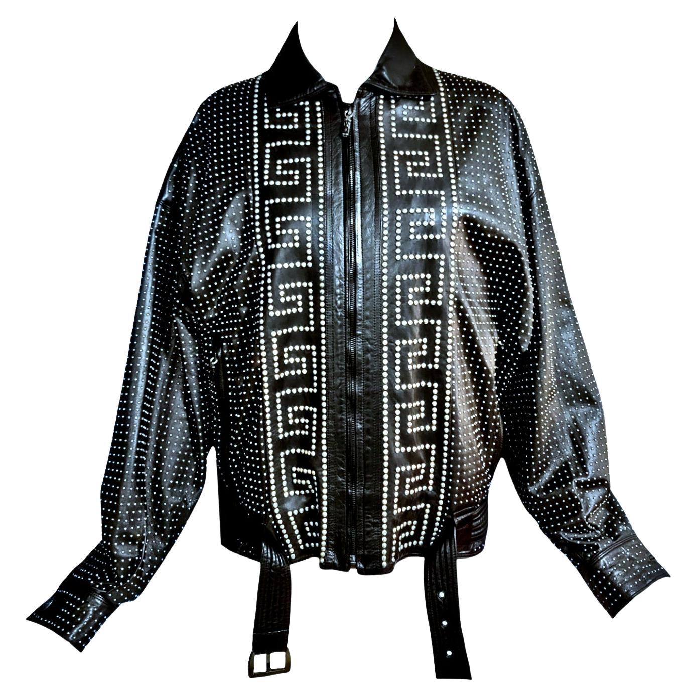 Gianni Versace Greek Key Studded Leather Jacket from SS 1992 Men's ...