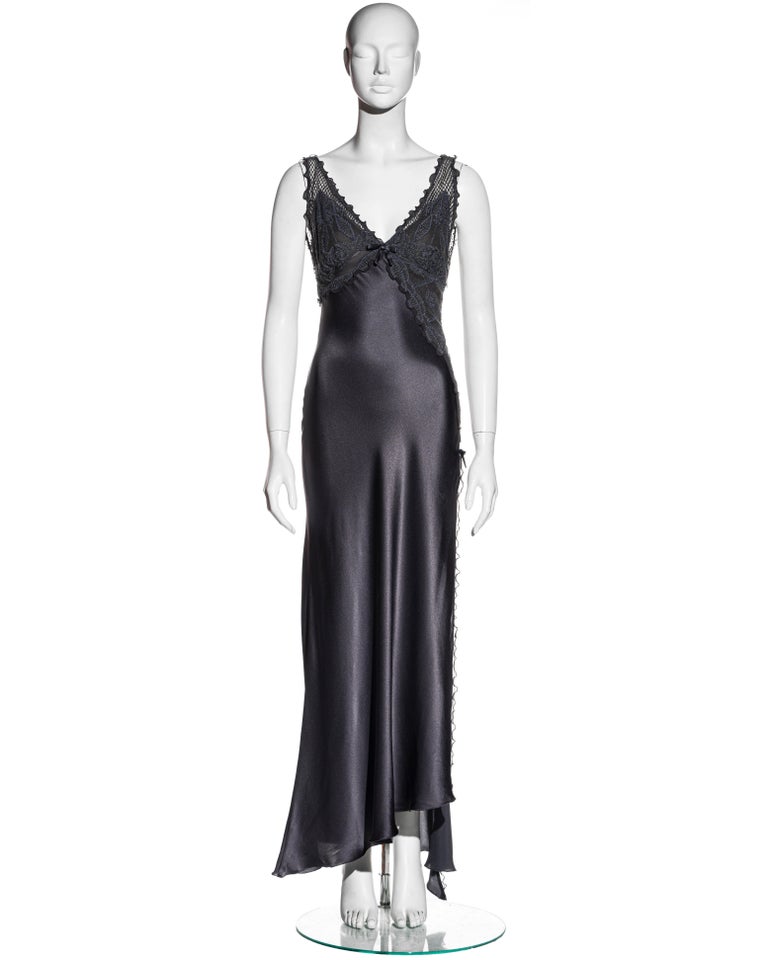 Gianni Versace grey silk and lace evening dress with high leg slit, ss ...