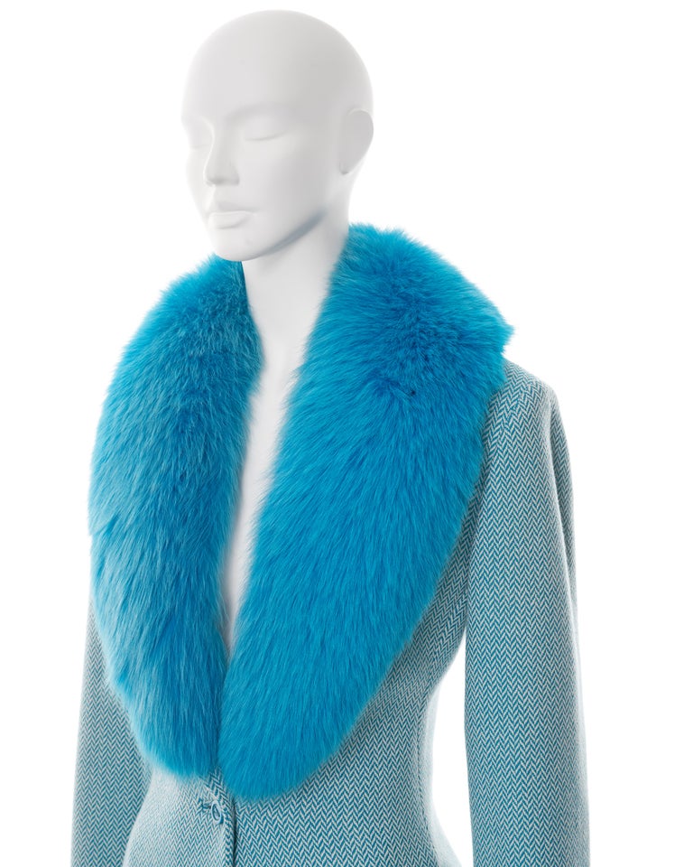 Gianni Versace herringbone tweed coat with blue fox fur collar, fw 1999 ...