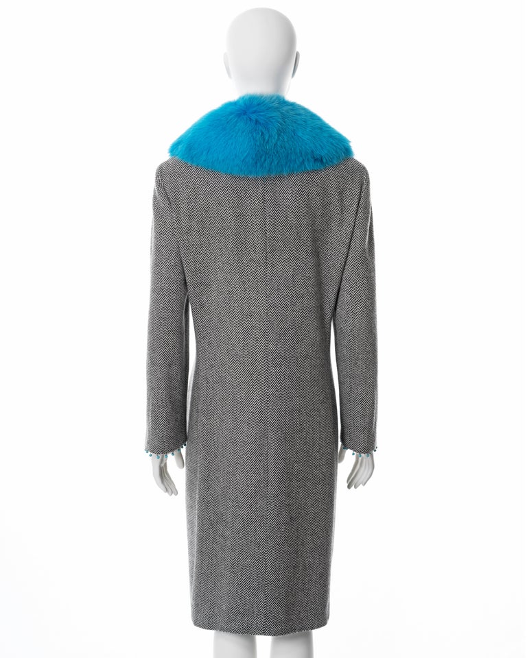 Gianni Versace herringbone tweed coat with blue fox fur collar, fw 1999 ...
