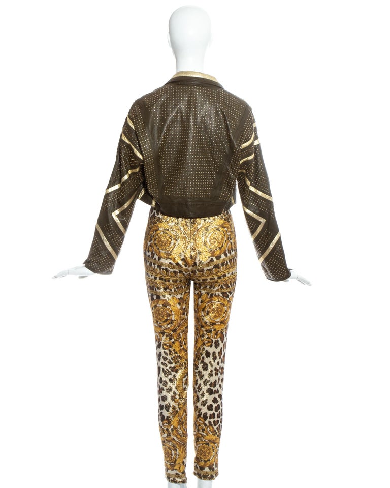 Gianni Versace leopard printed ensemble with studded leather jacket, ss ...