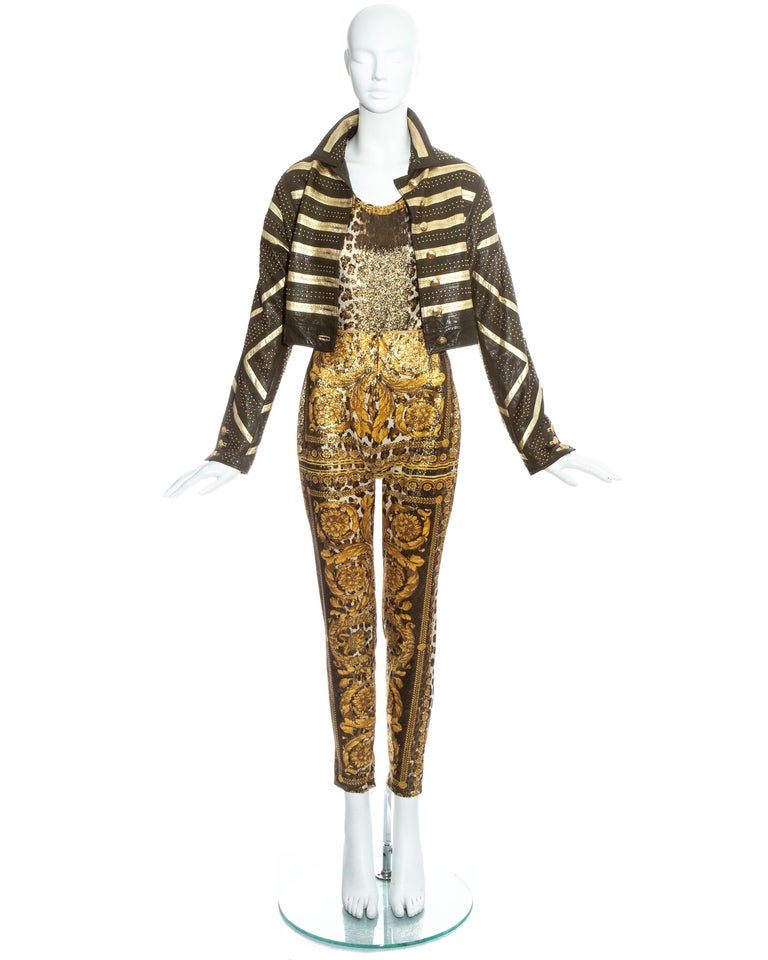 Gianni Versace leopard printed ensemble with studded leather jacket, ss ...