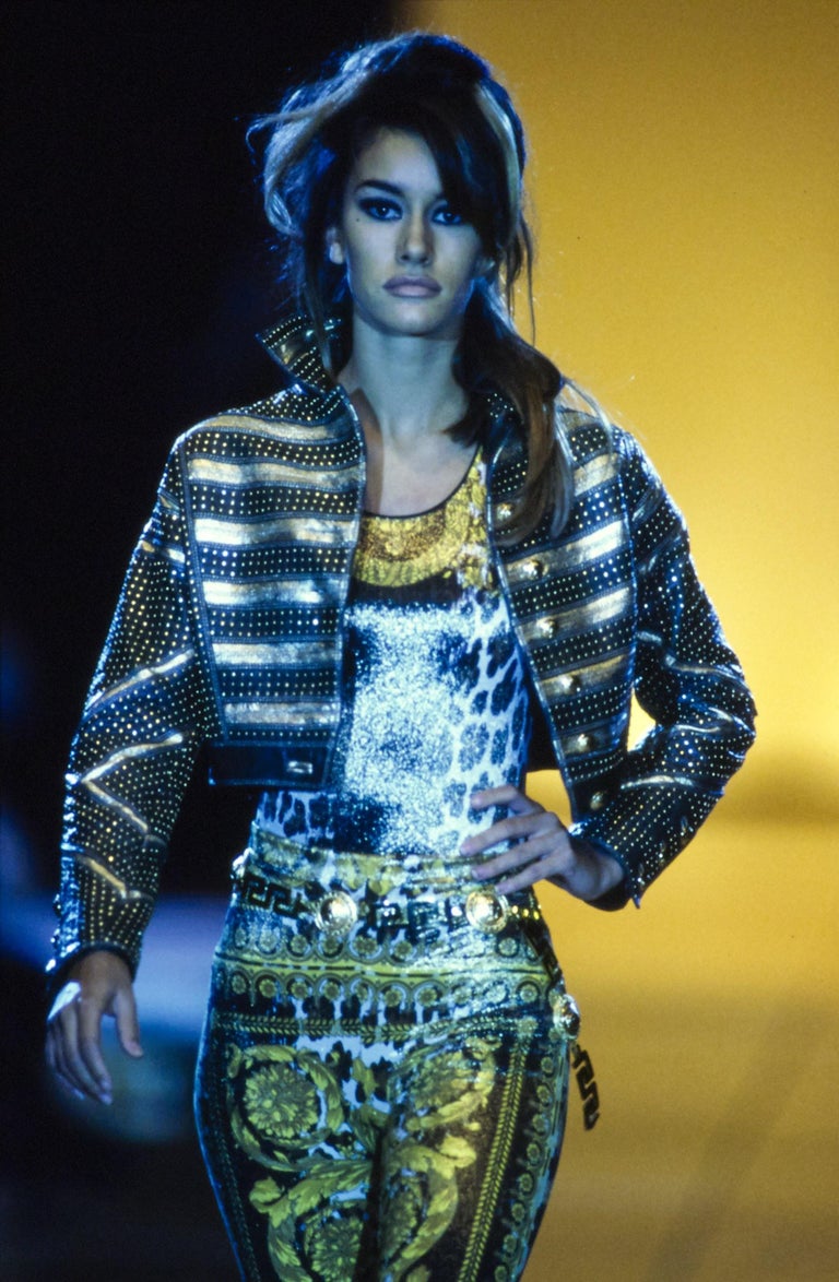 Gianni Versace leopard printed ensemble with studded leather jacket, ss ...