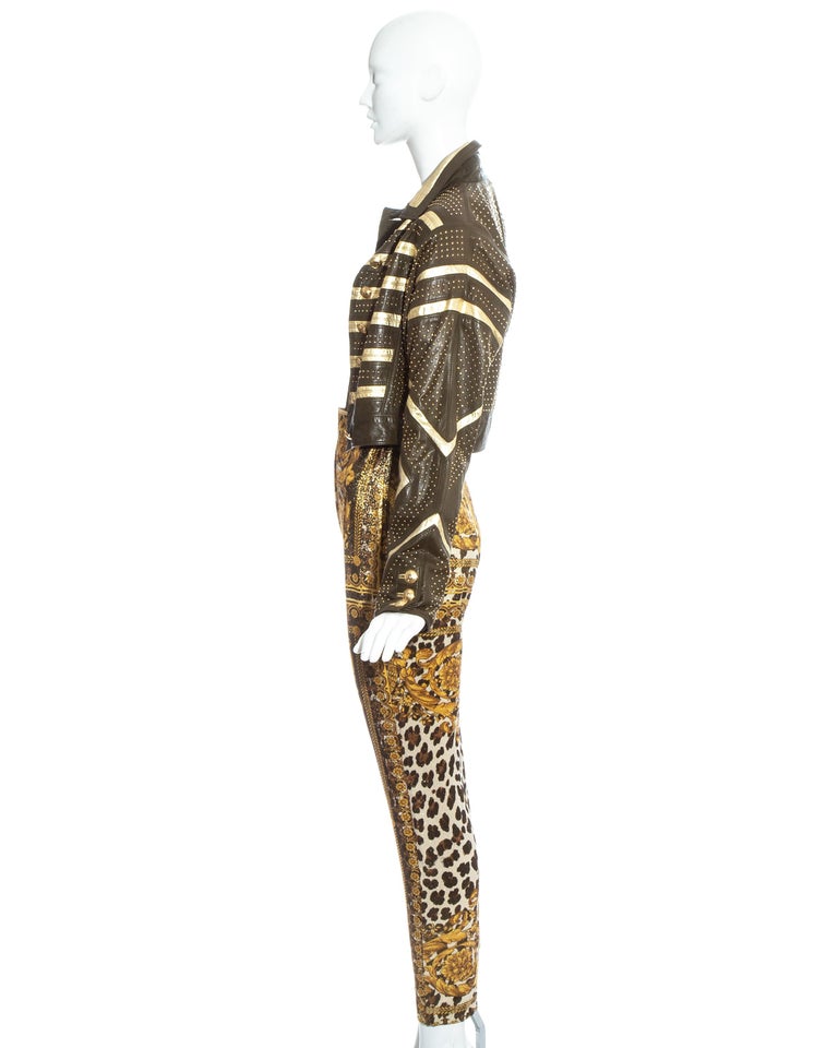 Gianni Versace leopard printed ensemble with studded leather jacket, ss ...