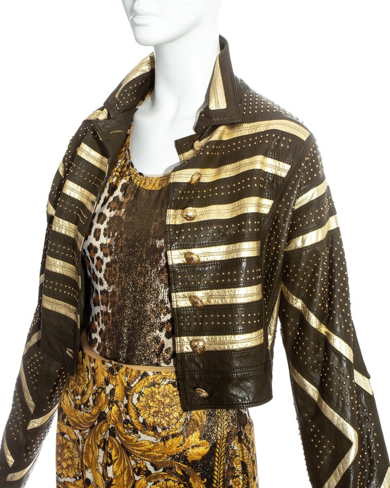 Gianni Versace leopard printed ensemble with studded leather jacket, ss ...