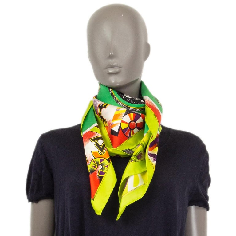 GIANNI VERSACE lime green silk COIN Print Scarf For Sale at 1stDibs