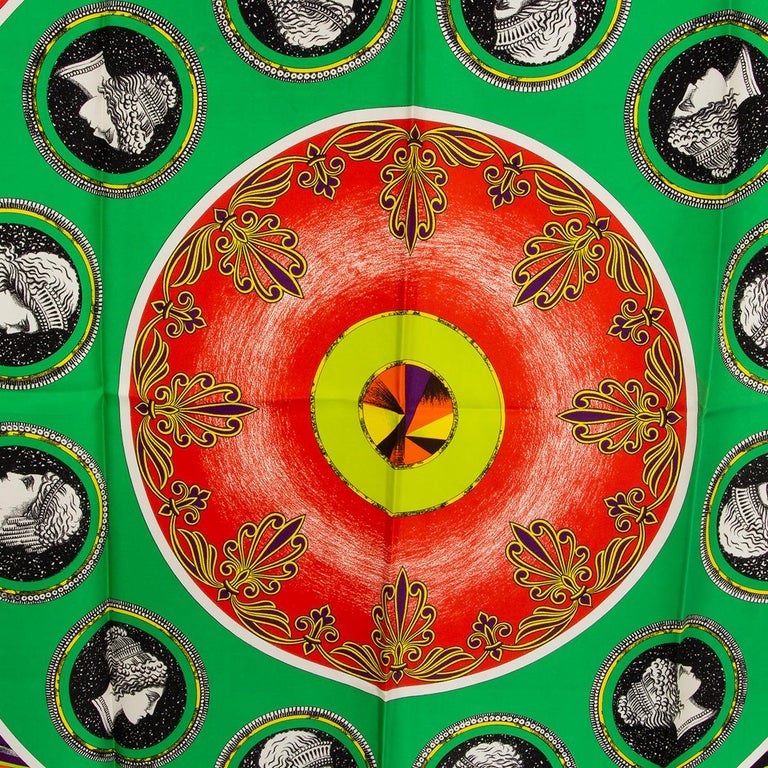 GIANNI VERSACE lime green silk COIN Print Scarf For Sale at 1stDibs
