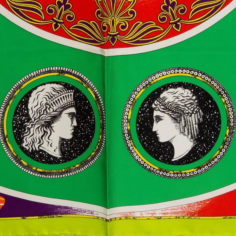 GIANNI VERSACE lime green silk COIN Print Scarf For Sale at 1stDibs