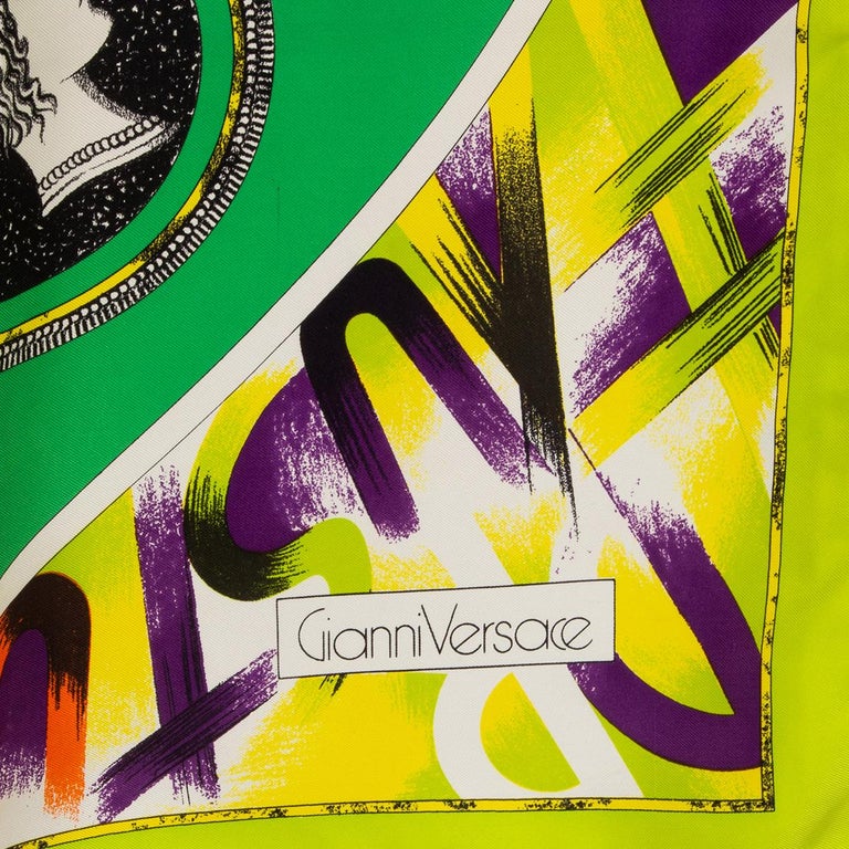 GIANNI VERSACE lime green silk COIN Print Scarf For Sale at 1stDibs