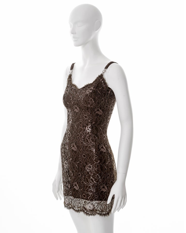 Gianni Versace metallic brown lace evening mini dress, fw 1996 For Sale ...