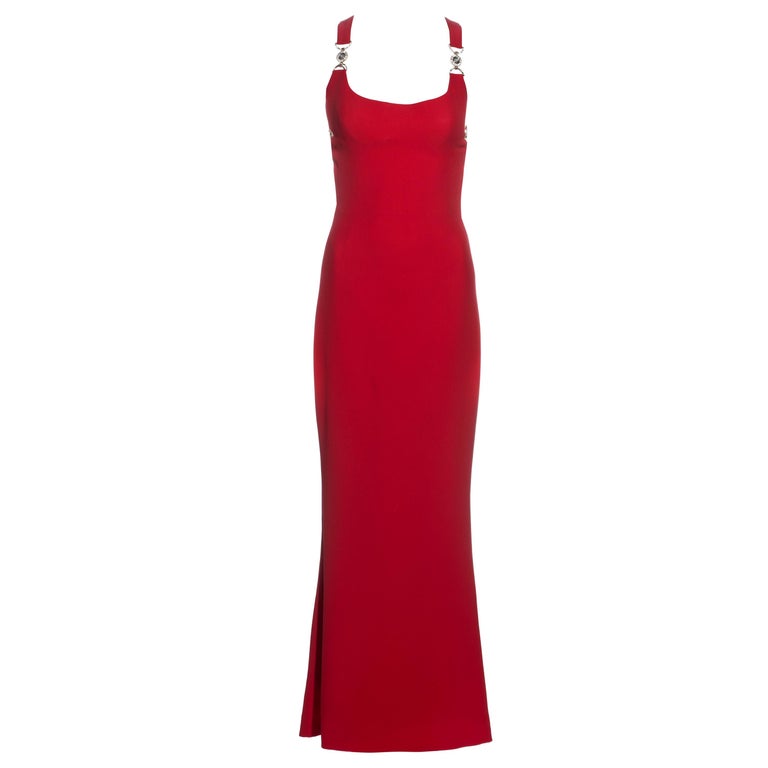 Gianni Versace red silk evening maxi dress with crystal medusa straps ...