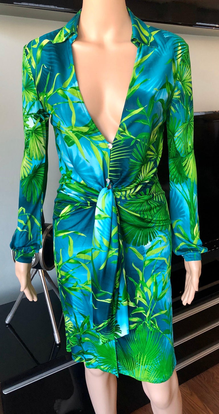 Gianni Versace Runway S/S 2000 Vintage Tropical Print Plunging Neckline ...