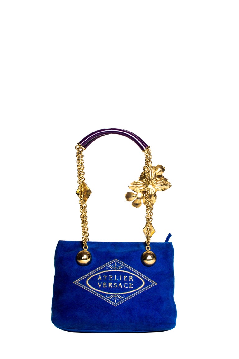 S/S 1991 Gianni Versace Blue Velvet Bag with Enamel Flower Chain ...