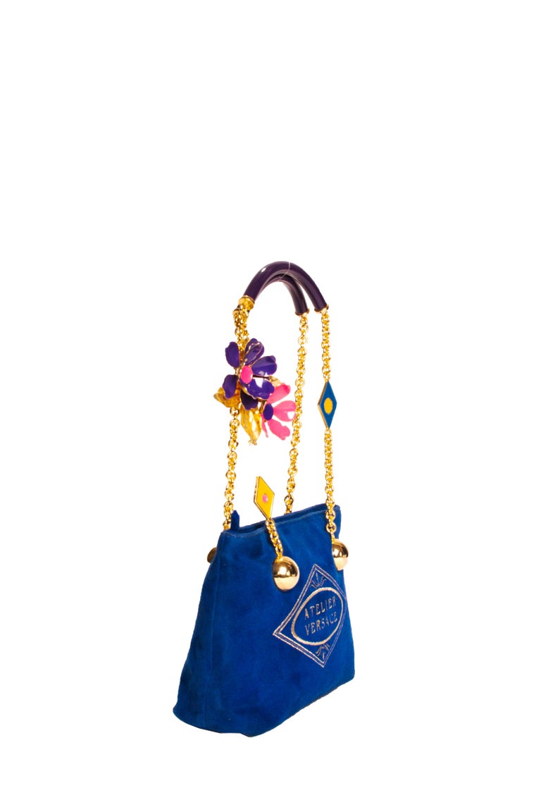S/S 1991 Gianni Versace Blue Velvet Bag with Enamel Flower Chain ...