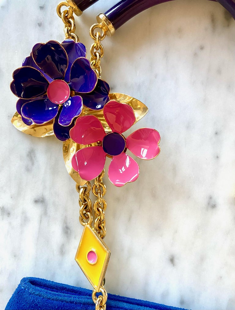 S/S 1991 Gianni Versace Blue Velvet Bag with Enamel Flower Chain ...