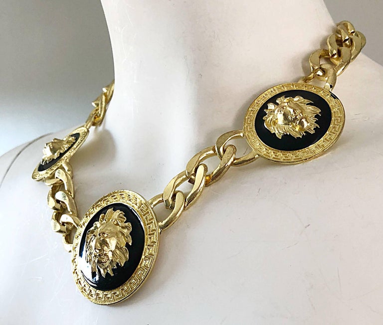 Gianni Versace Style 1990s Gold + Black Medusa Lion Head Vintage Choker ...