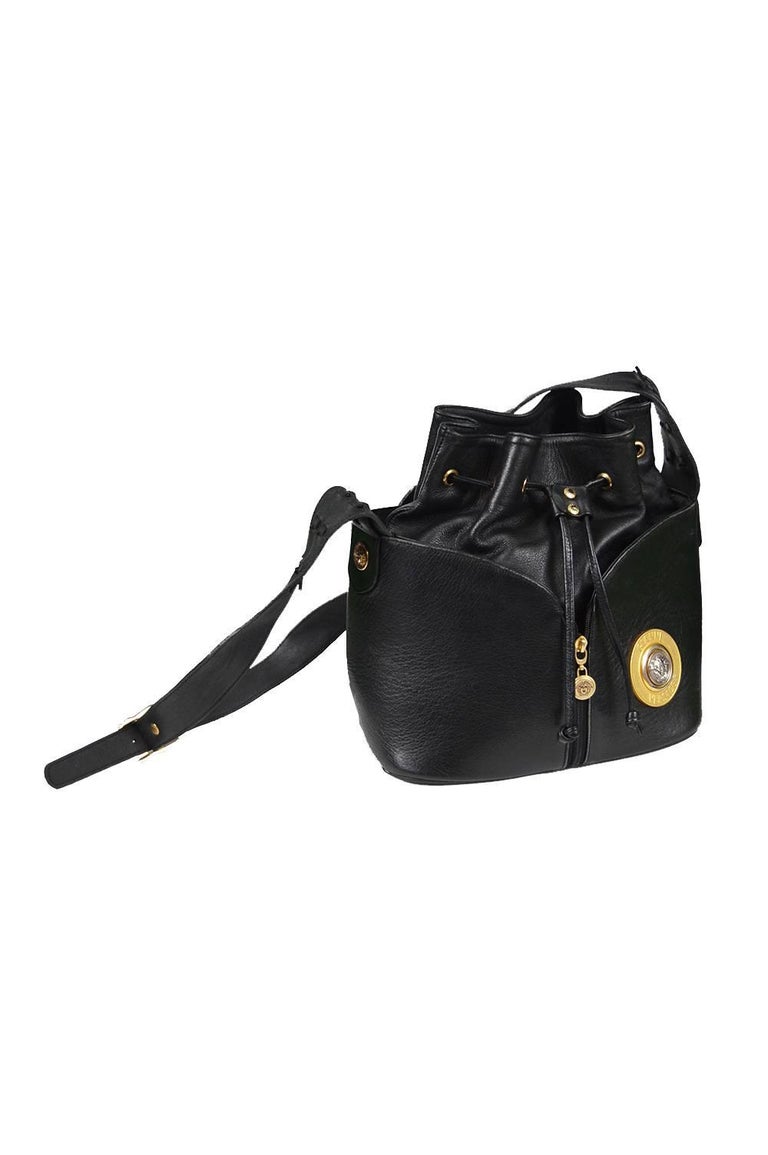 Gianni Versace Vintage 1990s Black Leather Gold and Silver Drawstring ...