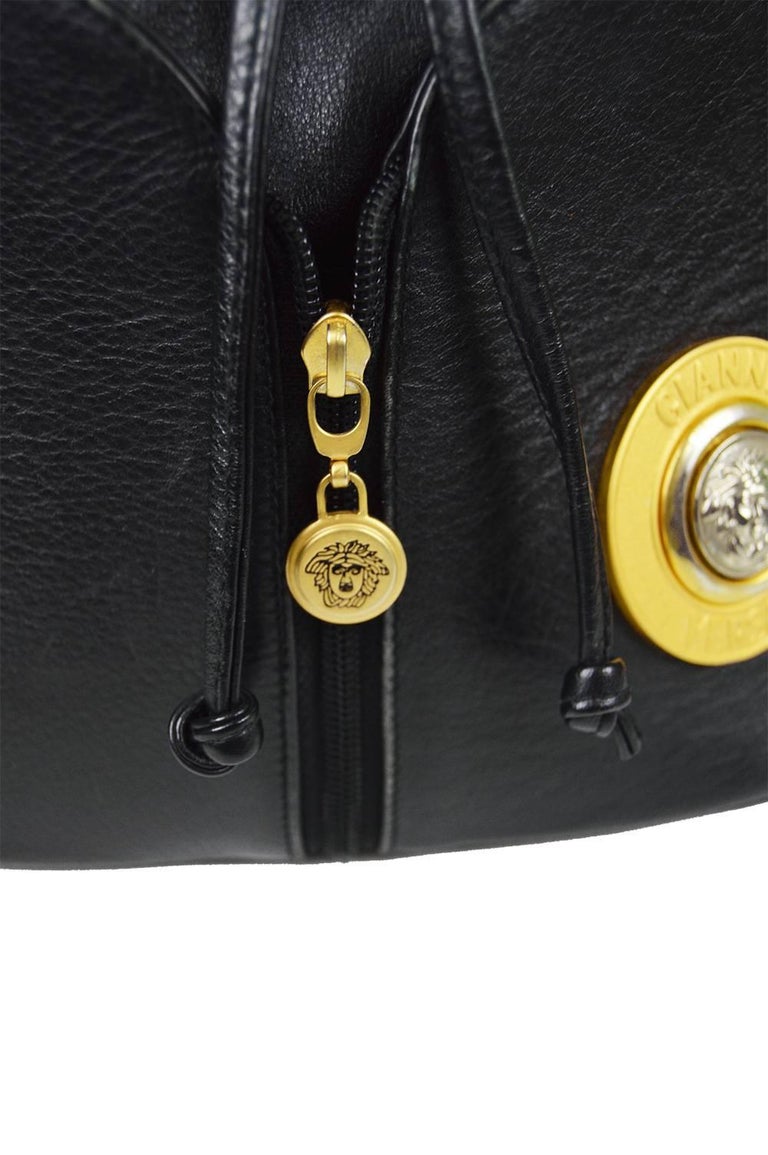Gianni Versace Vintage 1990s Black Leather Gold and Silver Drawstring ...