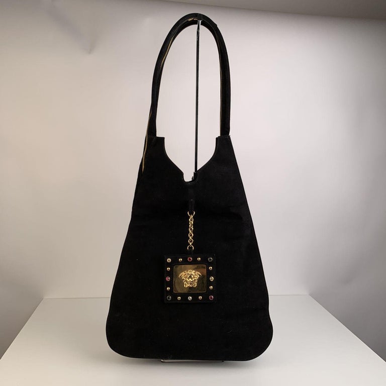 Gianni Versace Vintage Black Suede Medusa Tote Hobo Bag For Sale at 1stDibs