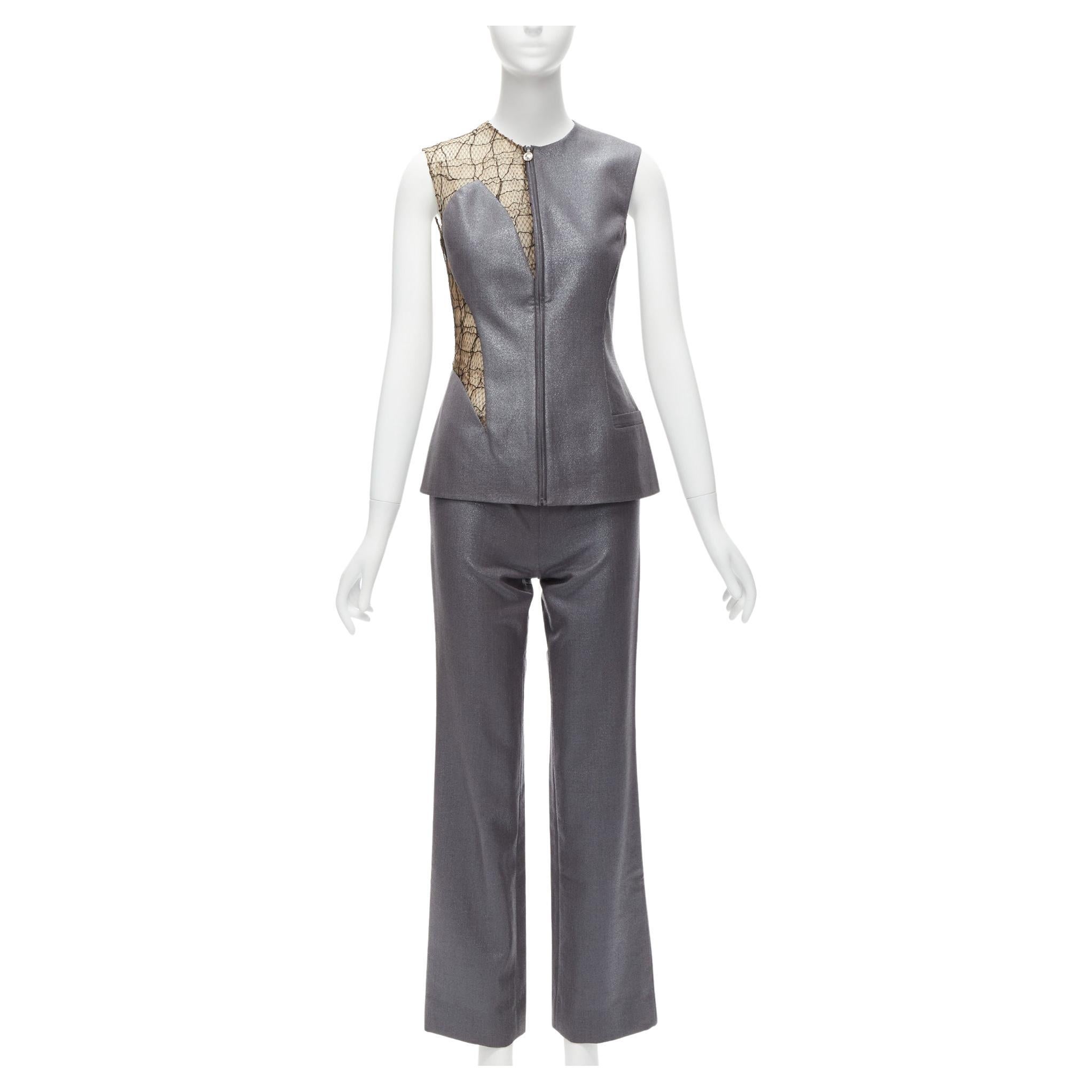 GIANNI VERSACE Vintage Runway lurex lace mesh panel vest pants suit set ...