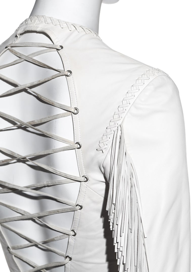 Gianni Versace white leather backless lace up fringed jacket, ss 2002 ...