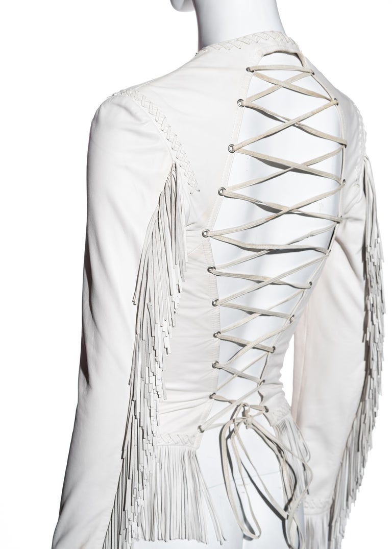 Gianni Versace white leather backless lace up fringed jacket, ss 2002 ...