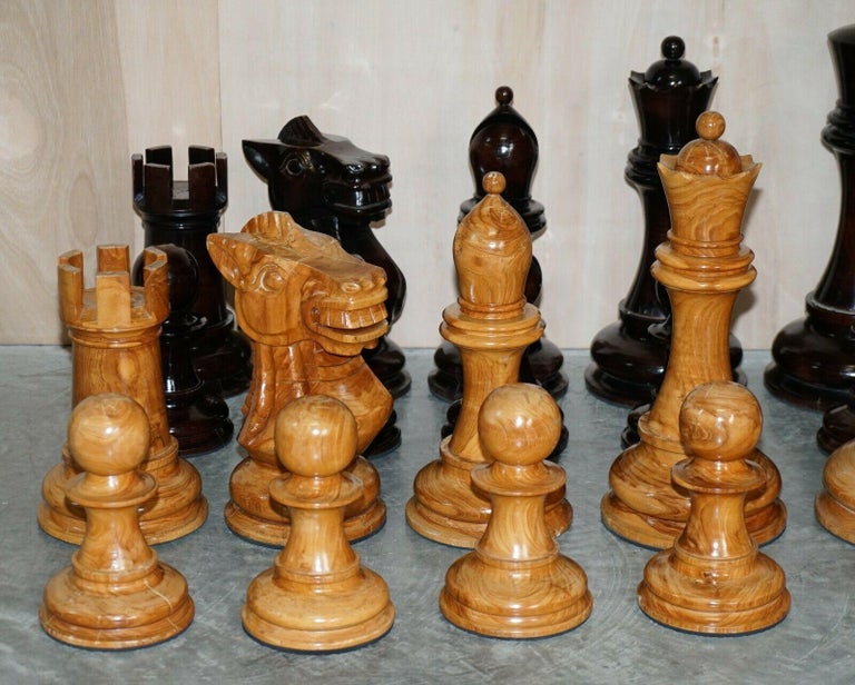 Giant Hand Carved Wood Chess Set Tallest Piece Beautiful Timber Patina ...