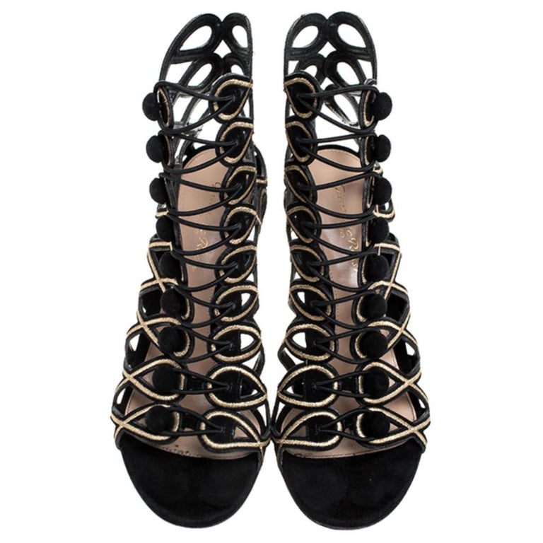 Gianvito Rossi Black/Gold Suede Cut Out Open Toe Button Strap Sandals ...